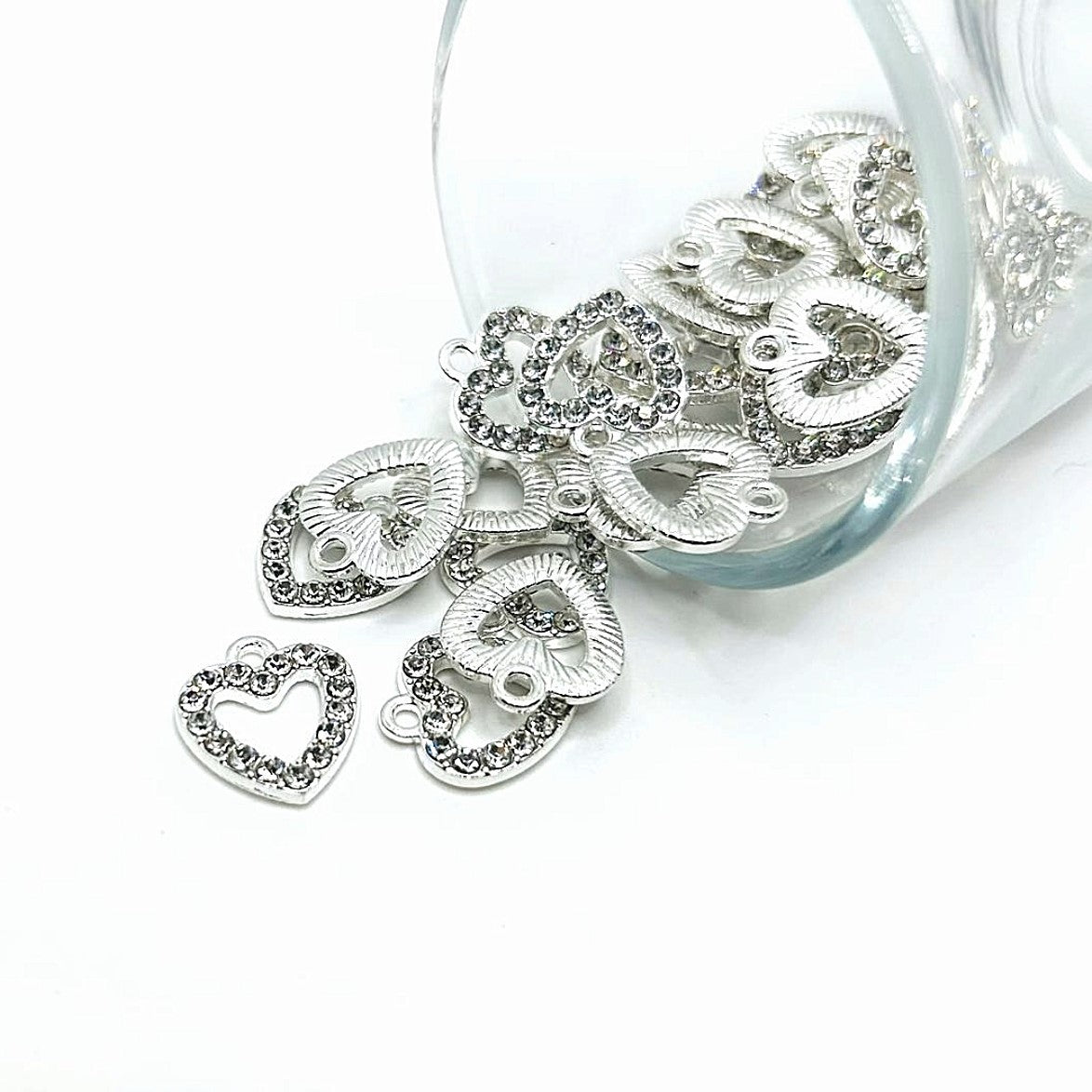 Silver Plated Rhinestone Heart Charms, 14x13mm | Michaels