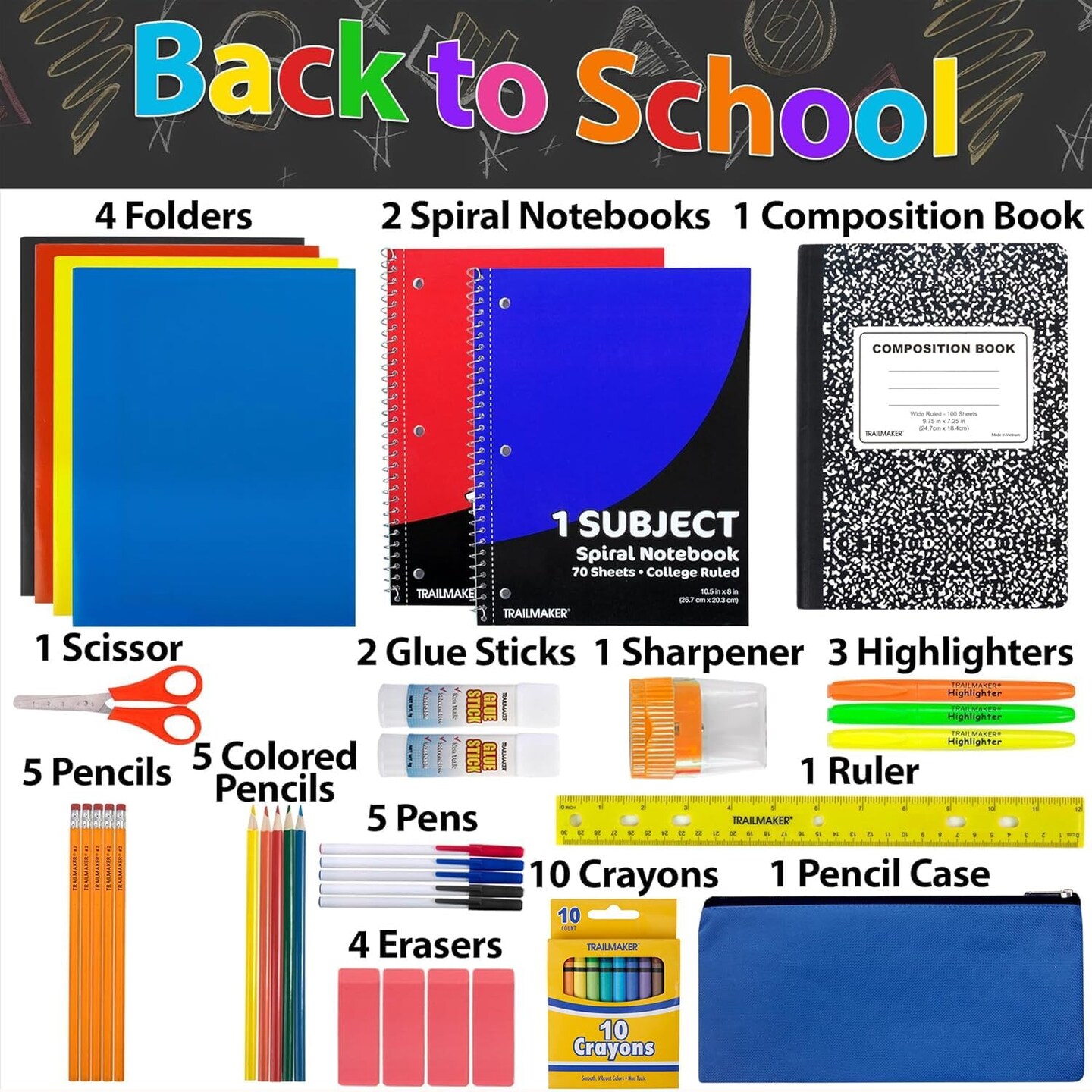 4E's Novelty 44 Pieces Schools Supplies Kit, Back To School Supply Box ...