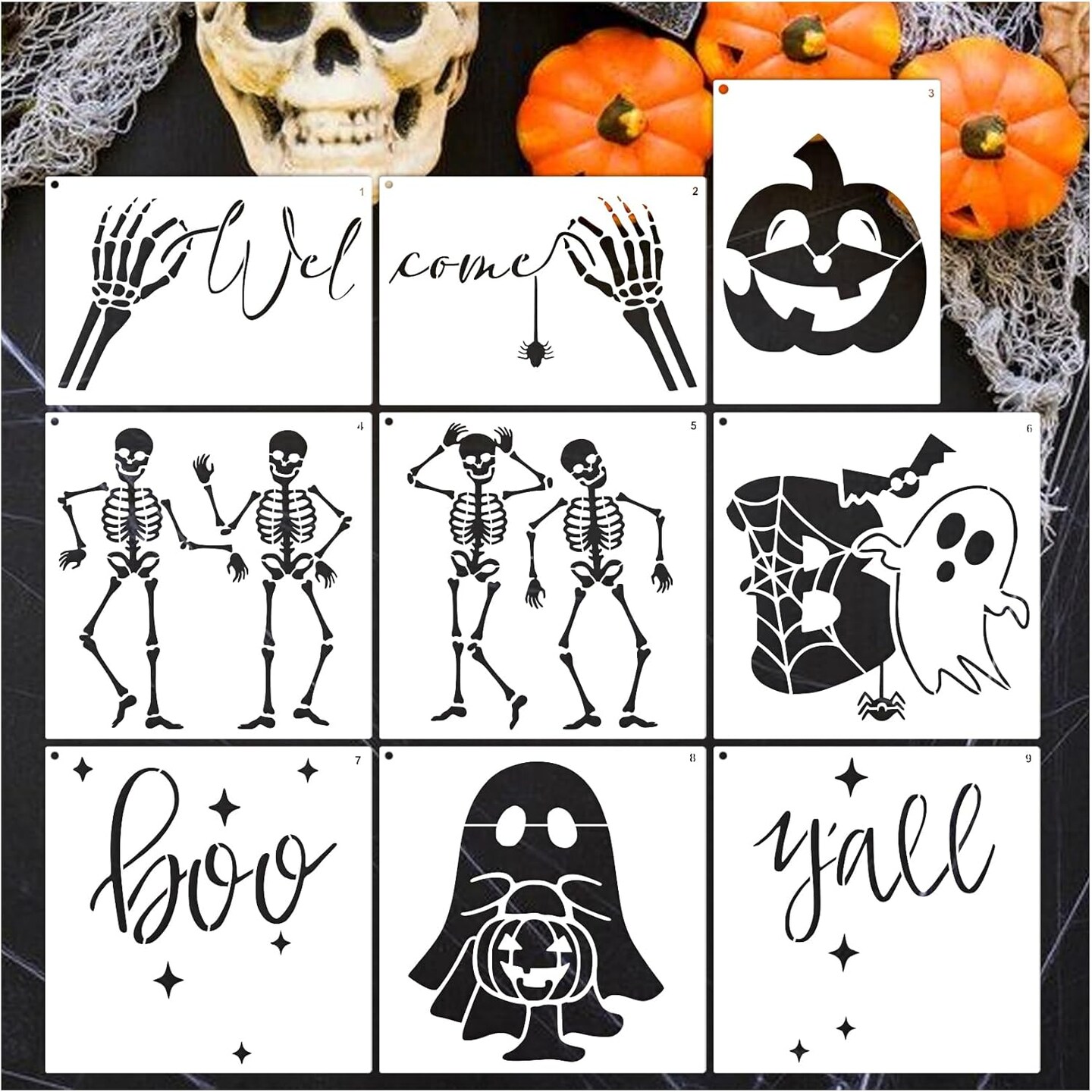 Mats Reusable Plastic Halloween Welcome Boo Ghost Skeleton Stencil ...