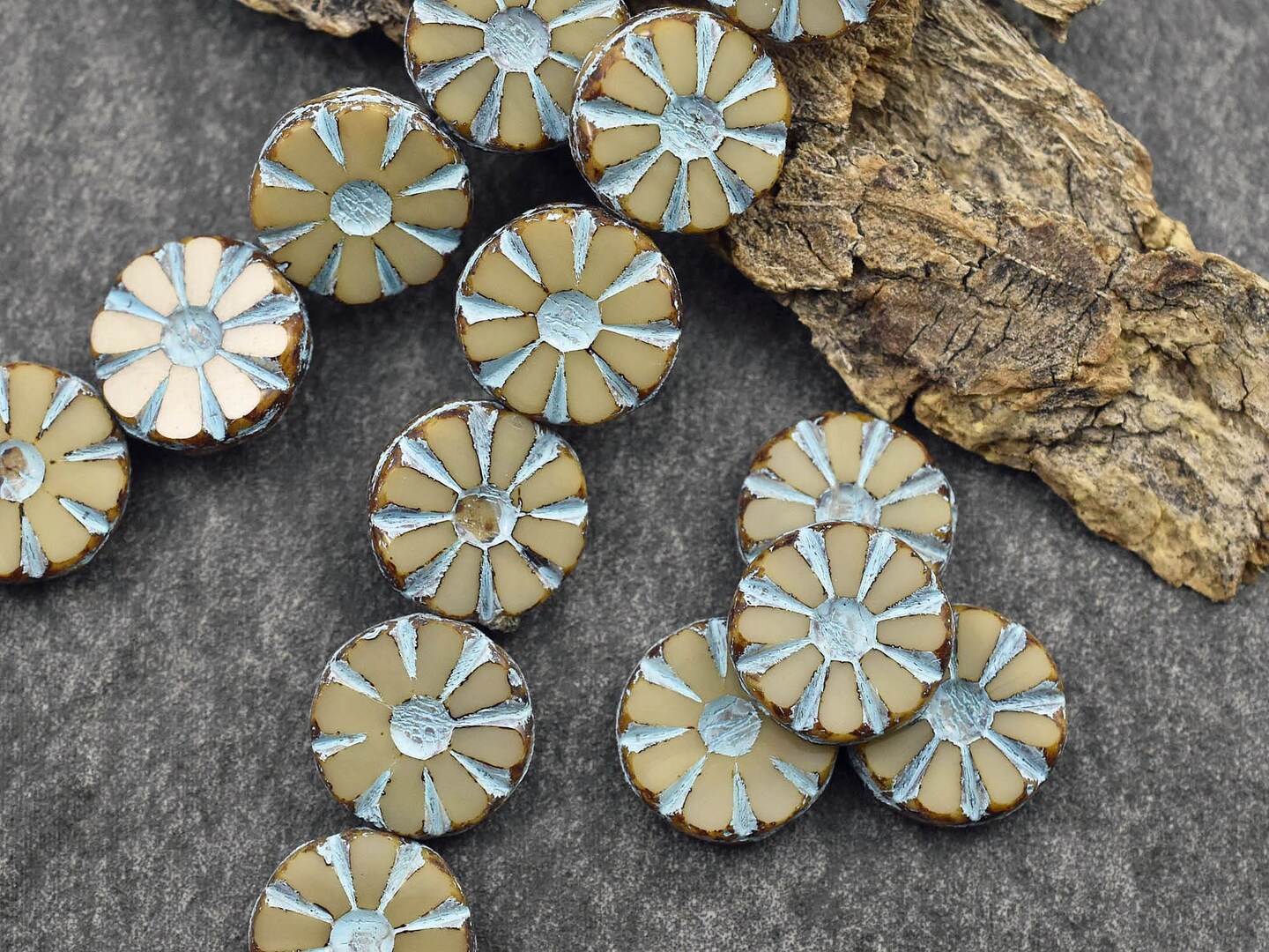 *8* 12mm Turquoise Washed Opaque Sandy Beige Cosmo Flower Beads | Michaels