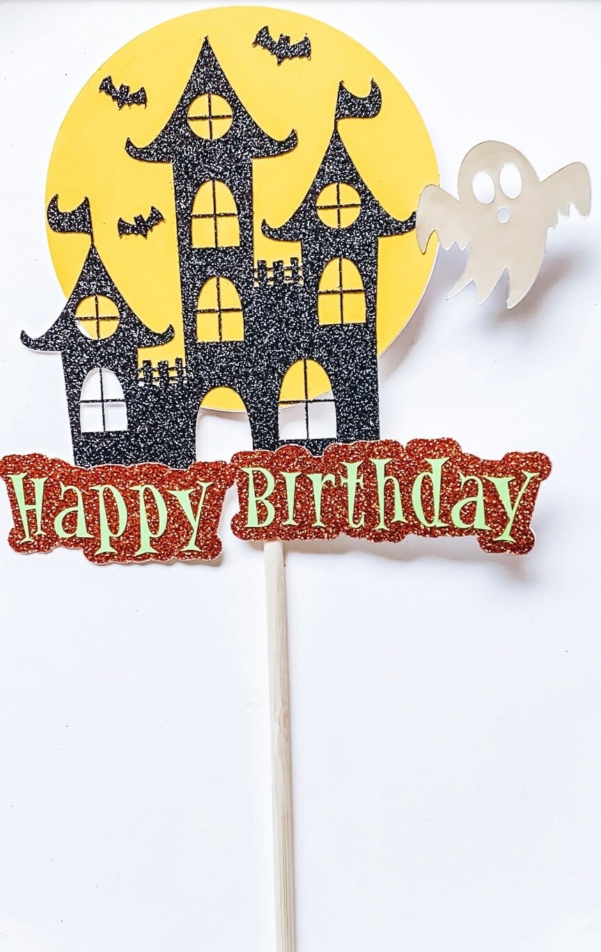 Haunted house cake topper for Halloween party, haunted house and moon ...