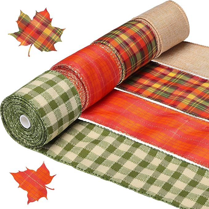 4 Rolls Fall Ribbons Wired Thanksgiving Autumn Plaid Burlap Ribbons ...
