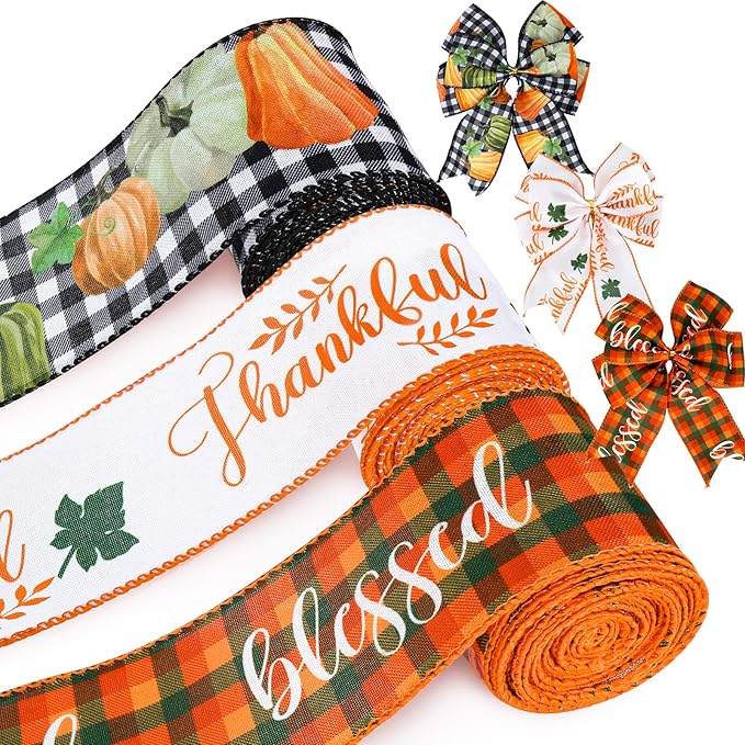 3 Roll Thanksgiving Ribbon 2.5 Inch Fall Autumn Pumpkin Wired Edge ...