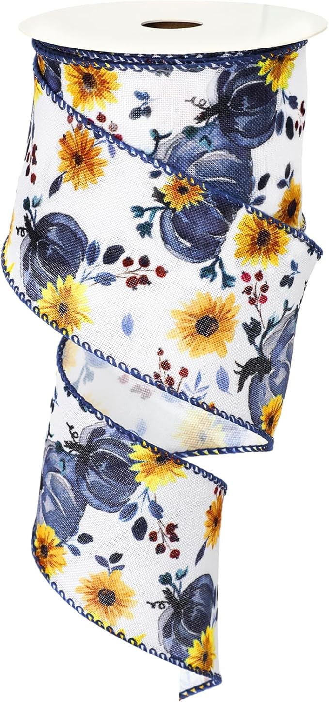 Fall Wired Edge Ribbon 2.5 Inch Blue Watercolor Autumn Pumpkin ...