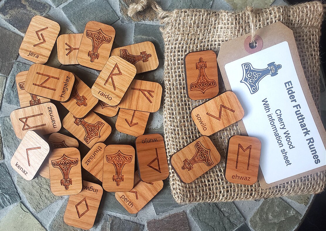 Elder Futhark Runes in Cherry Wood with the Valknut Symbol, Ravens ...