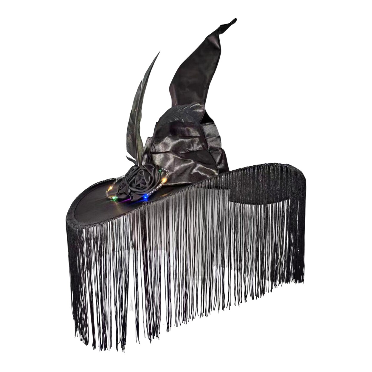 Halloween Witch Hat Wide Brim Tassel Wizard Hat With Artificial Rose ...