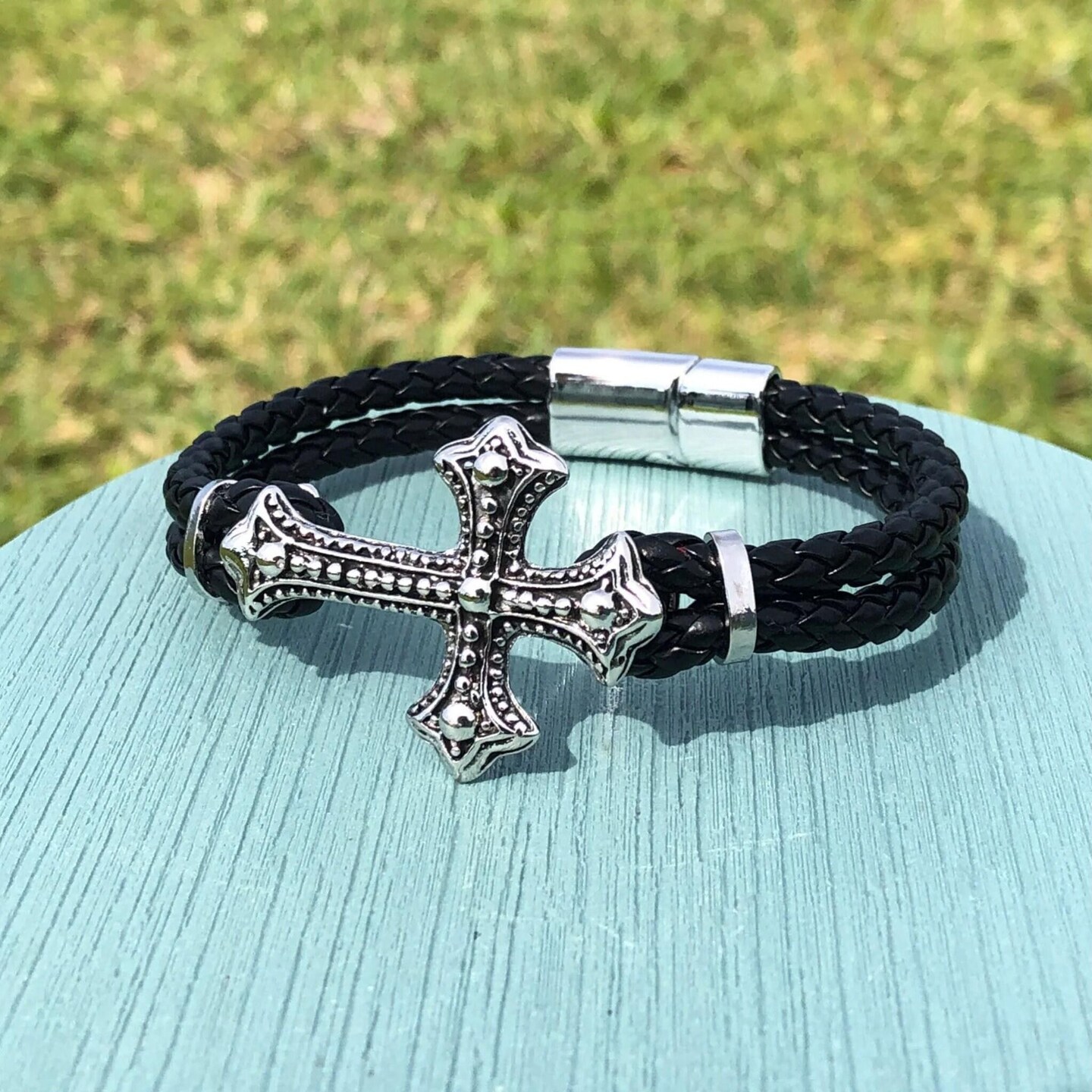 Mens leather braided bracelet with magnetic clasp store