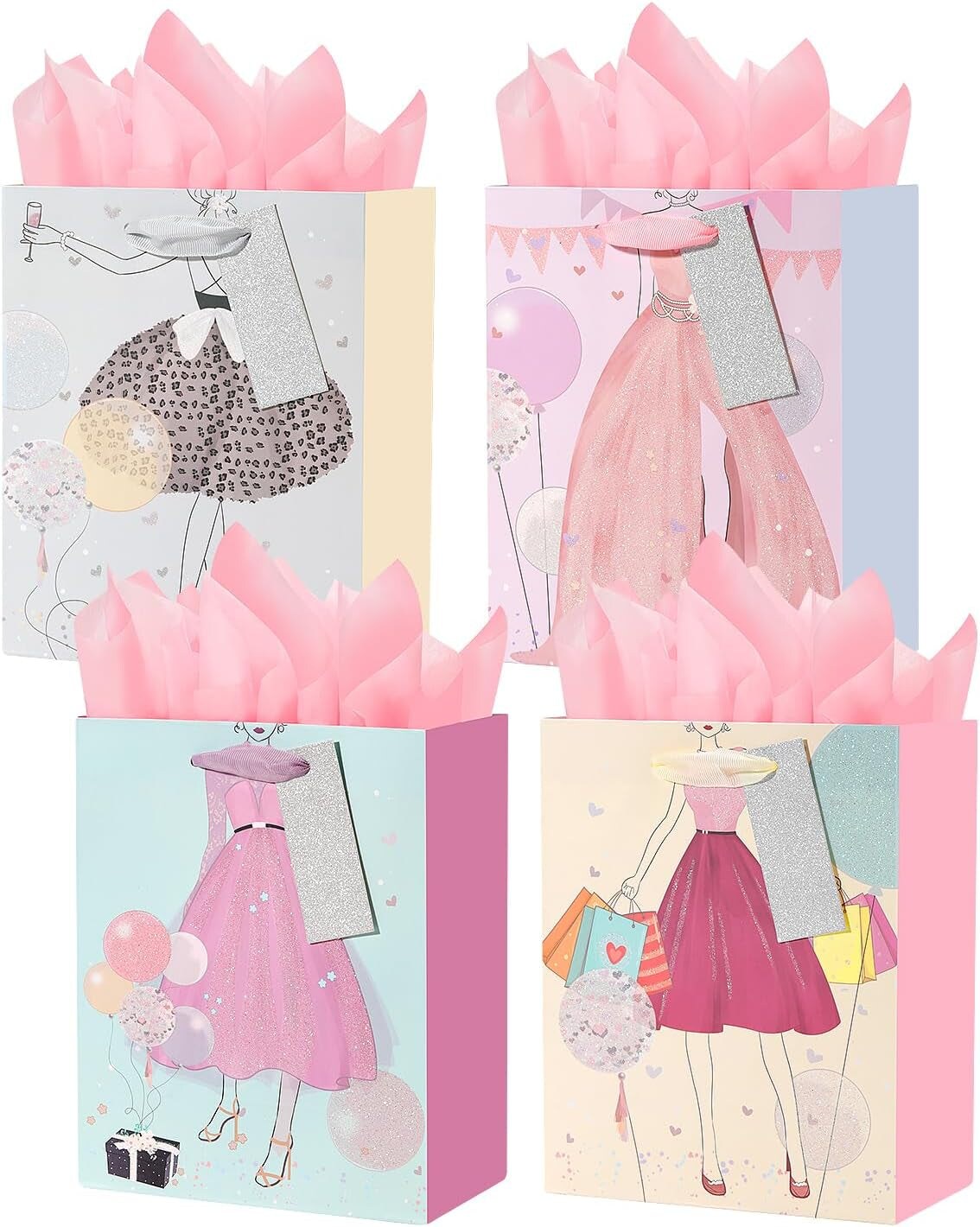 4 Pack 9" Medium Size Gift Bags Assorted Premium Gift Bags with Tissue ...