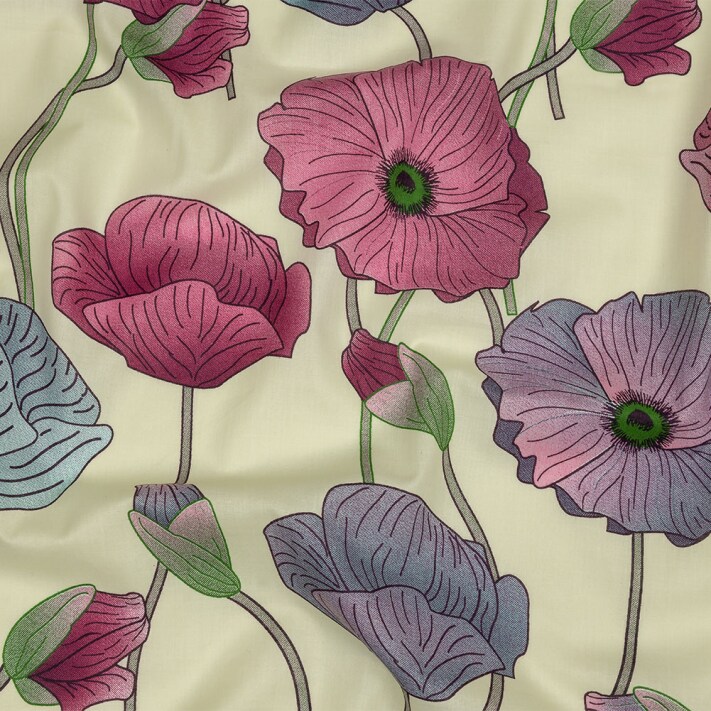 1 Yard Fuchsia Baby Blue and Pale Yellow Big Poppies Cotton Lawn Fabric ...