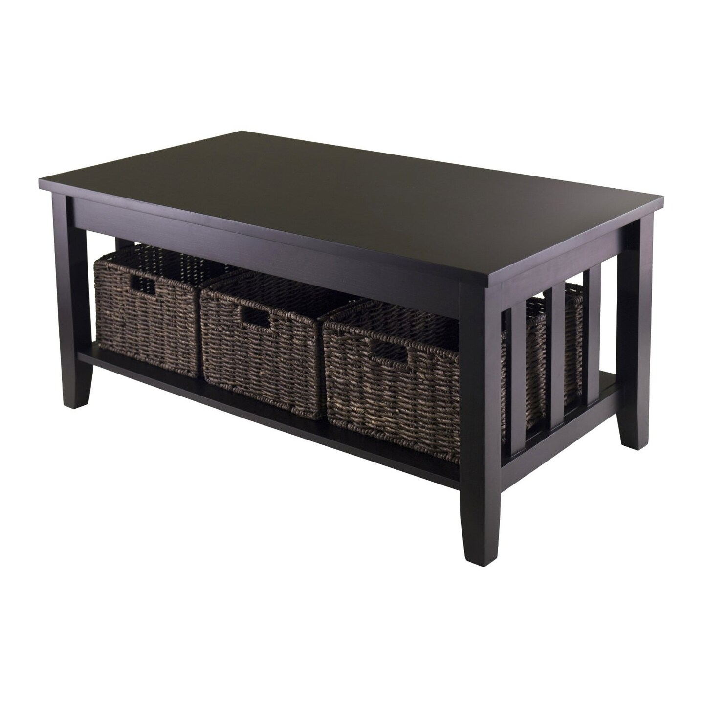 40” Dark Wood Coffee Table with 3 Foldable Corn Husk Storage Baskets ...
