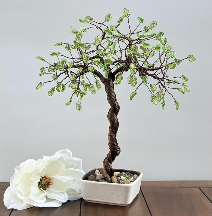 Copper Wire Tree Sculpture, Green and Gold Wavy Czech Glass Leaf Beads ...