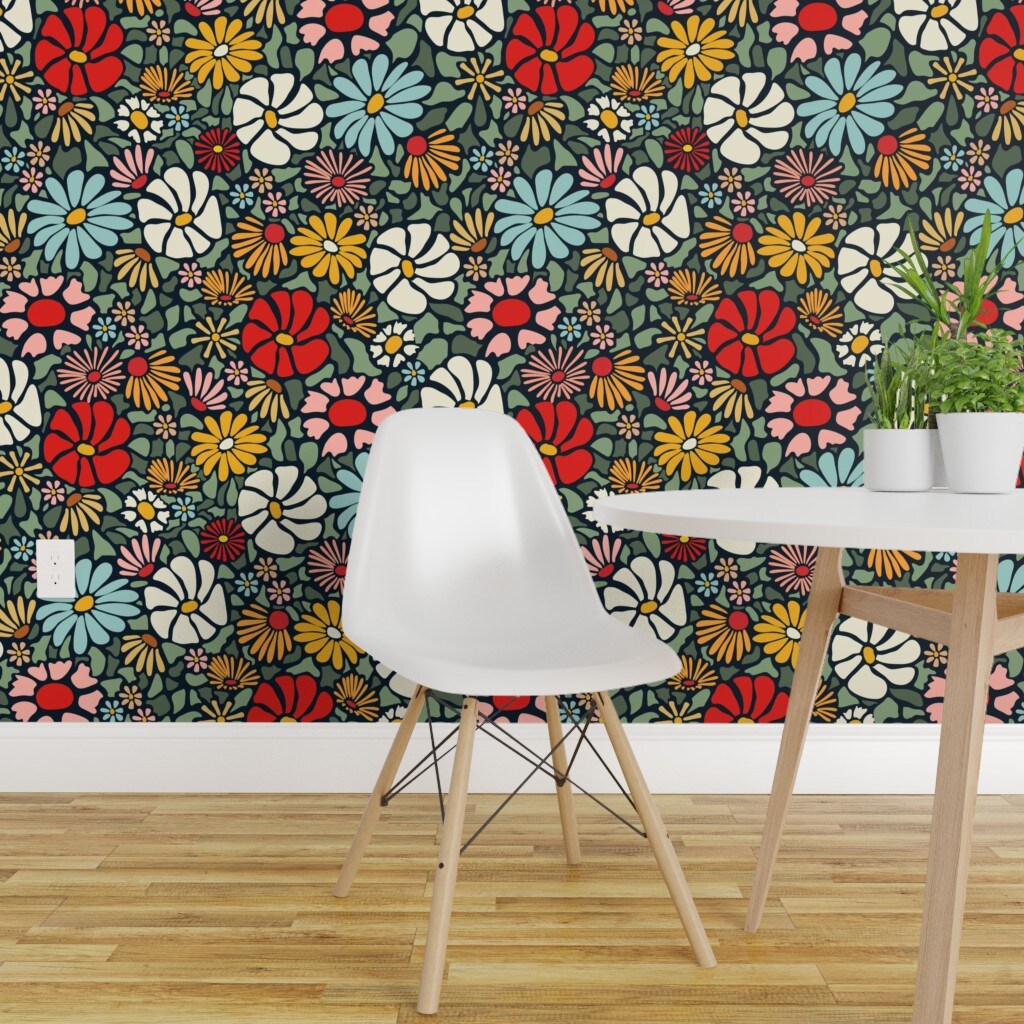 Pre-Pasted Wallpaper 2FT Wide Retro Modern Bold Floral 70S Bohemian ...
