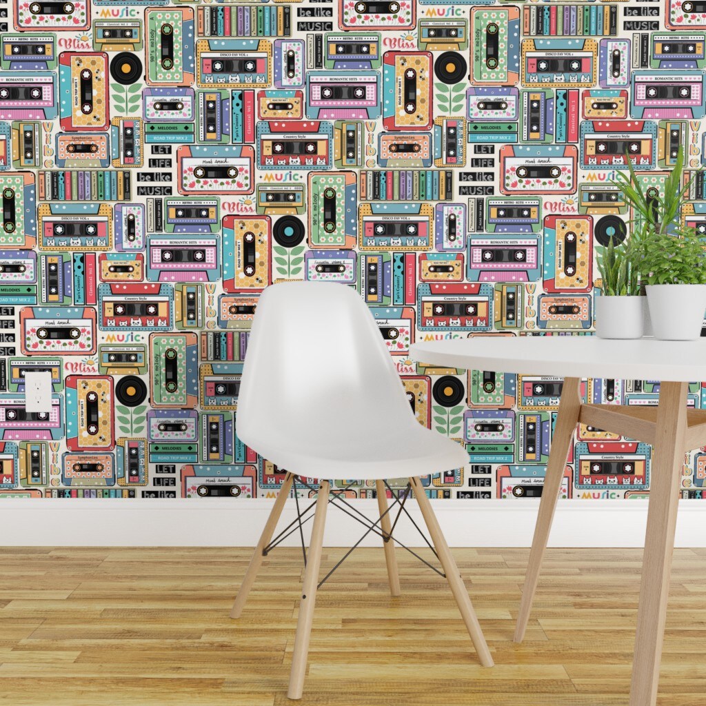 Pre-Pasted Wallpaper 2FT Wide Vintage Retro Music 80S 90S Hipster Tape ...