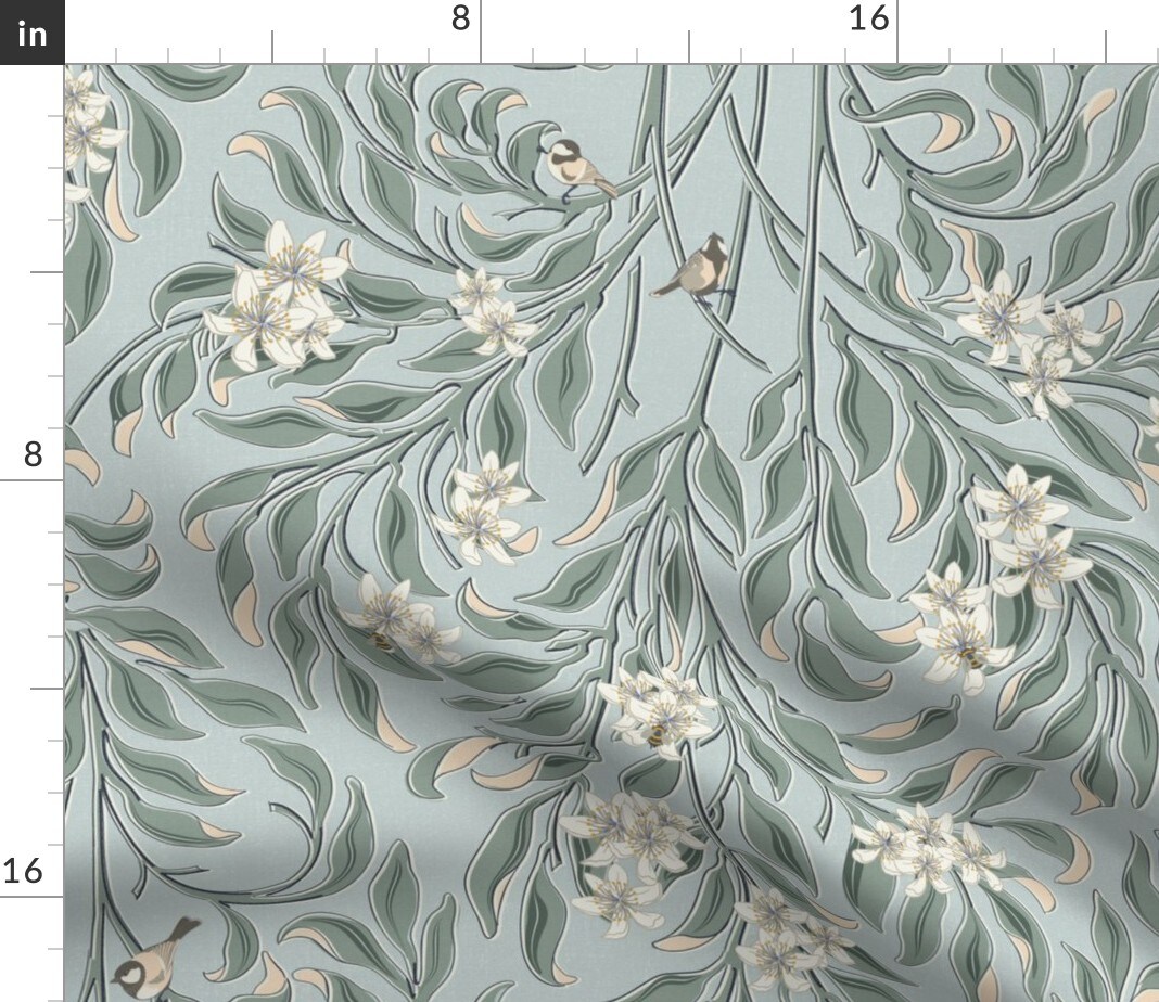 Blue Botanical Bird Traditional Pastel Vines White Floral Arts And ...