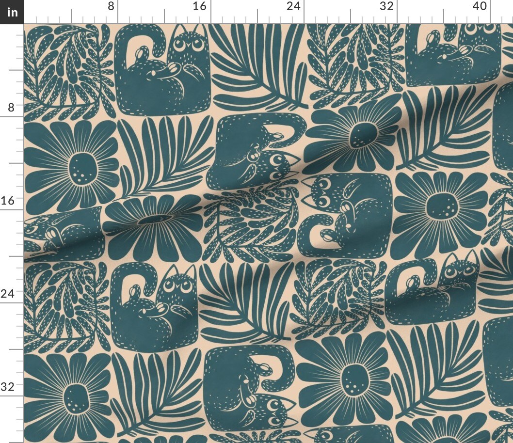 Various Fabrics by the Yard or Fat Quarter Teal Block Print Retro ...