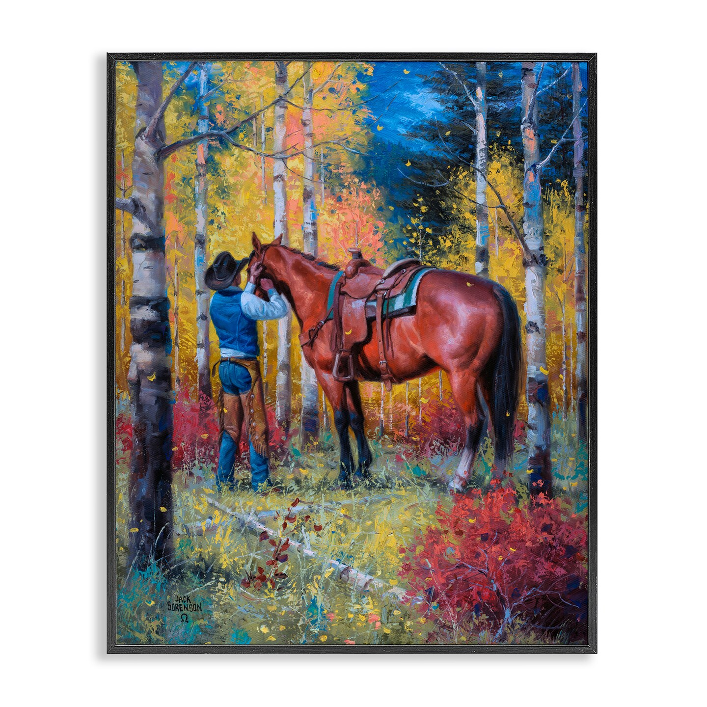 Cowboy Strapping Colt Horse Wild West Fall Forest Framed Giclee Art | Michaels