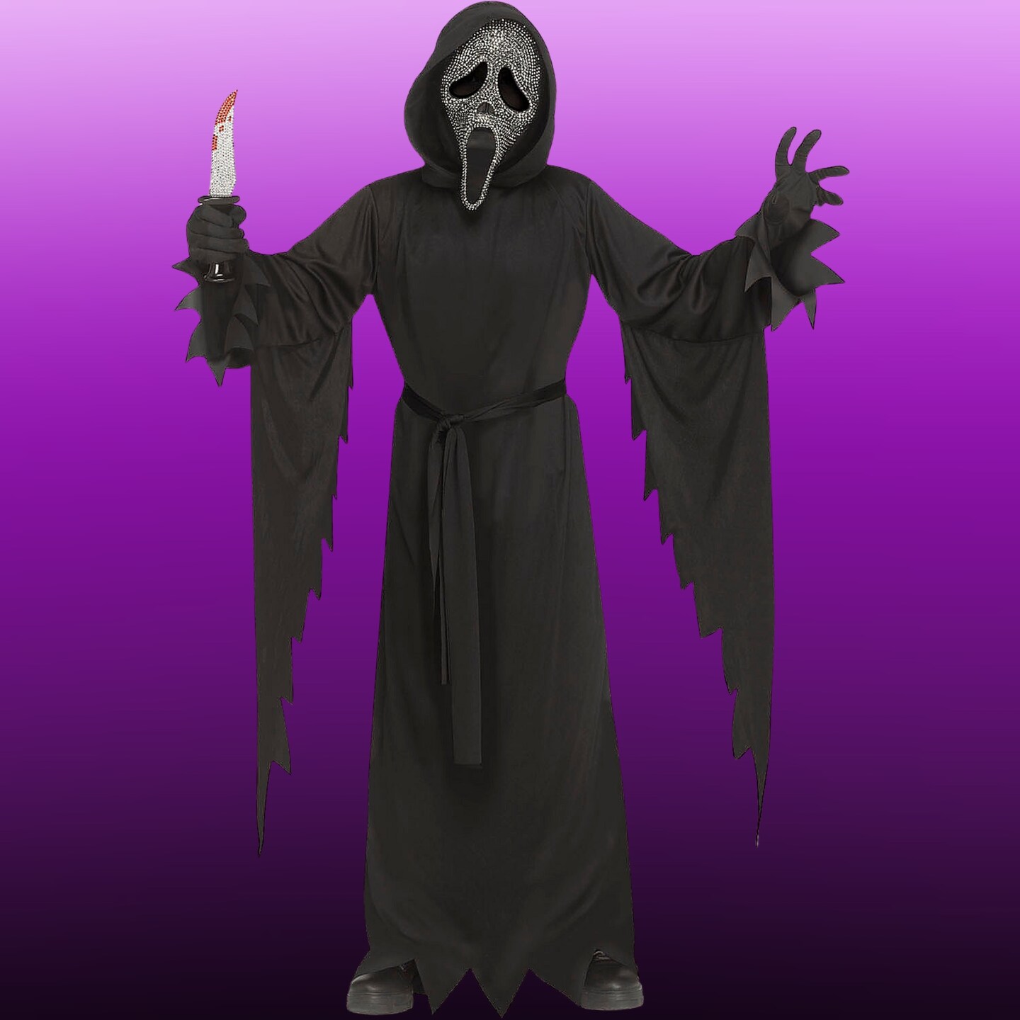 Kids Ghost Face Gun Powder Costume Halloween Studded Mask Black Hooded ...