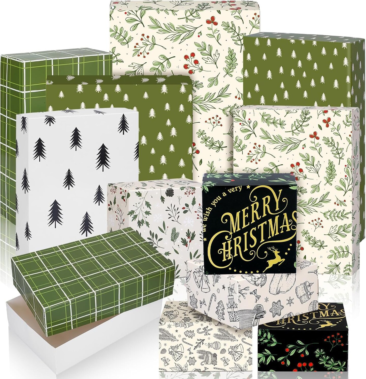 24 Pieces Christmas Gift Boxes with Lids Neutral Plaid Christmas Gift Wrap Boxes 7 Designs and 4 ...