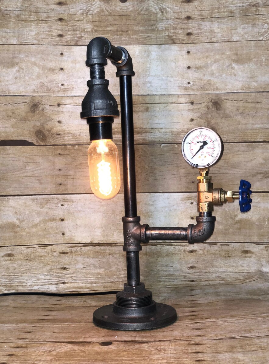 Industrial pipe Lamp - Desk Lamp - Table Lamp with gauge and valve ...