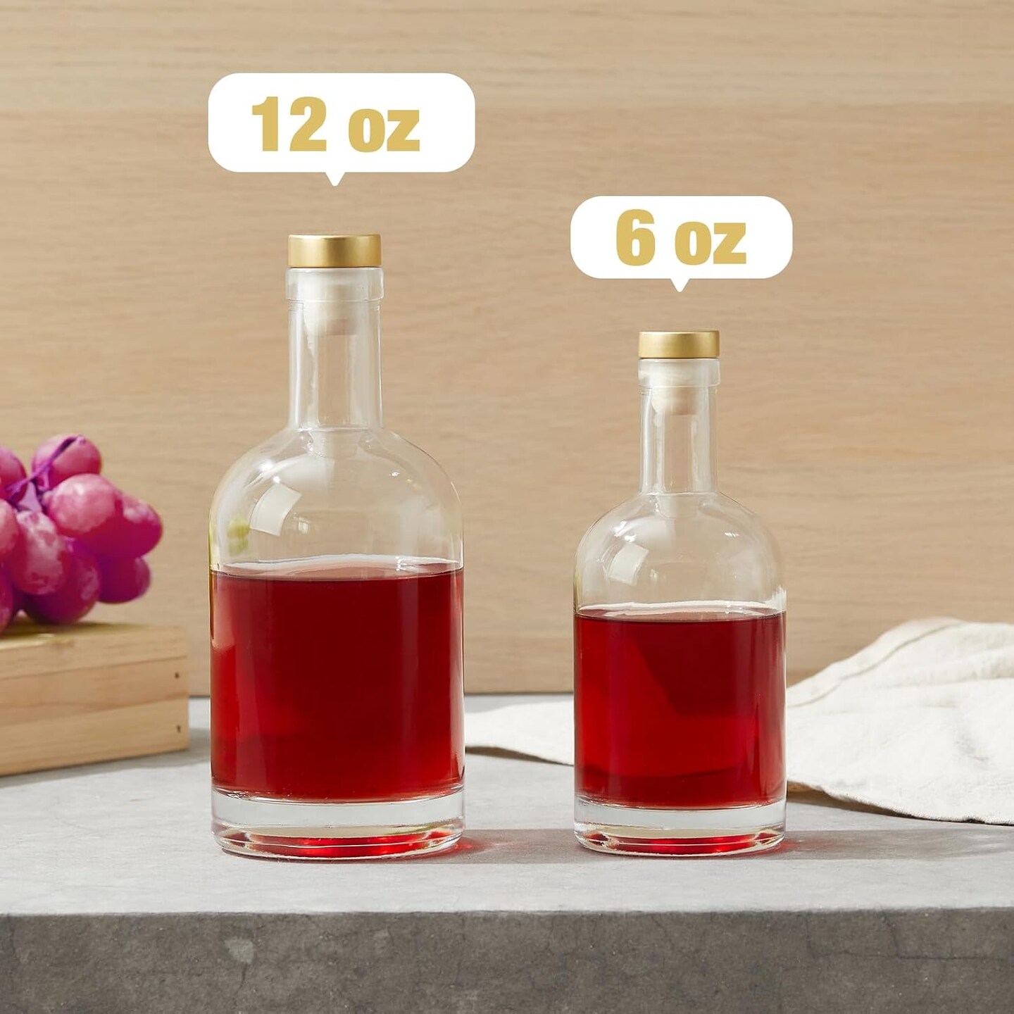 Set of 6 Glass Bottles, 12 oz Clear Liquor Bottles, Heavy Base Glass ...