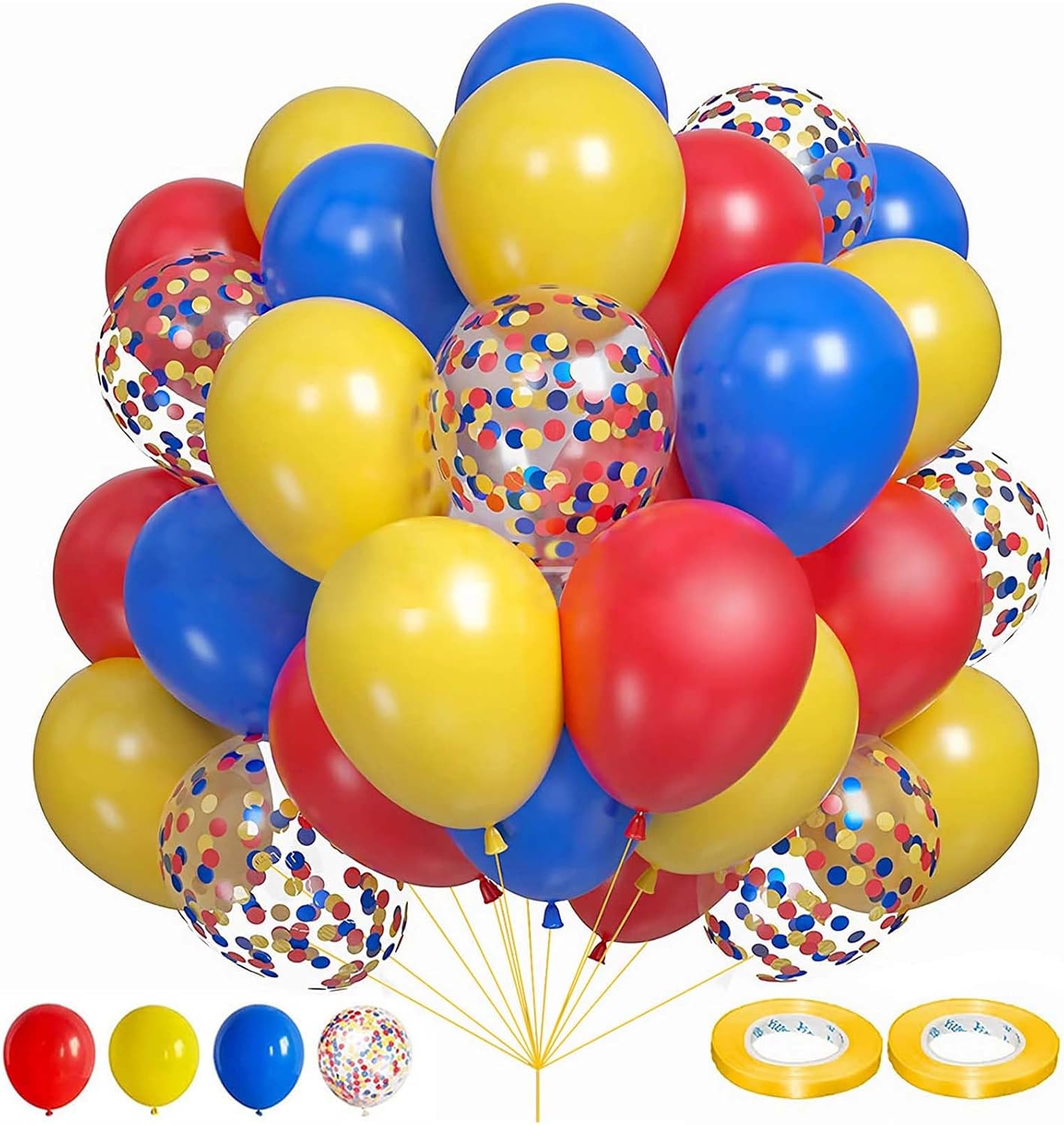60PCS Red Blue and Yellow Balloons,12 inch Yellow Red and Blue Balloon Arch Kit Carnival Party ...