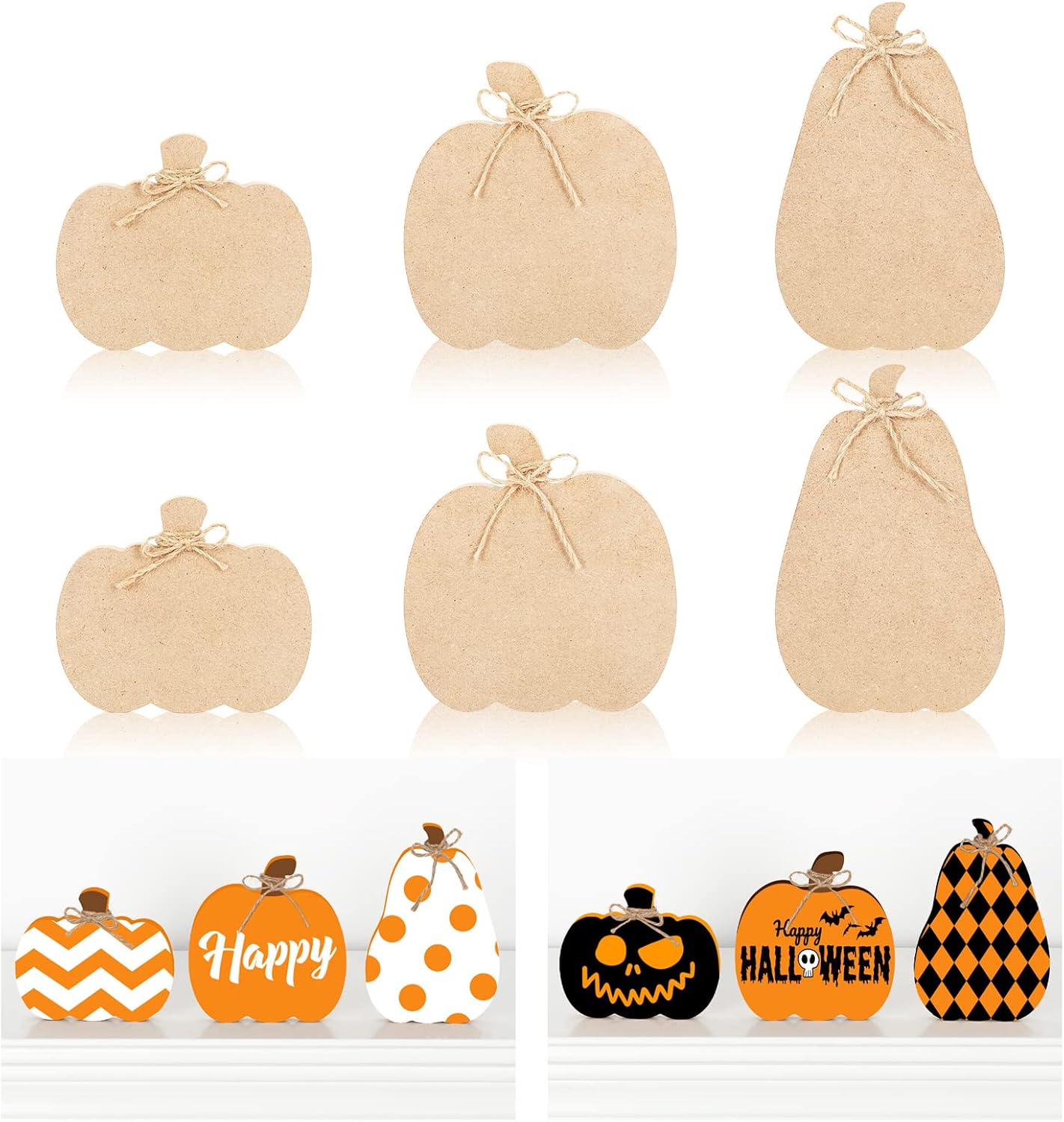 6Pcs Fall Pumpkin Wooden Cutouts with Ropes 3 Design Unfinished Pumpkin ...