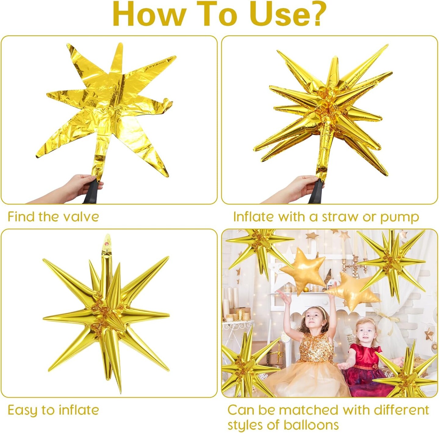 6-Pack 27in Gold Starburst Foil Balloons – 14-Point Star Cone for ...