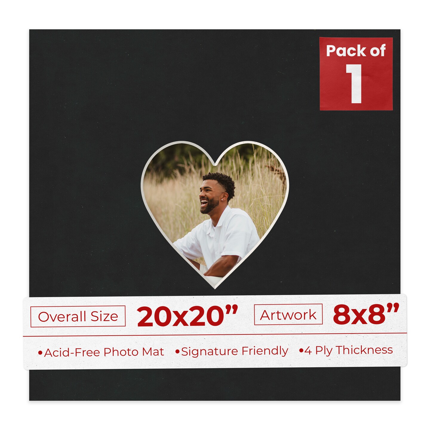 Black Suede Mat Board for 20x20 Frames - Heart Opening for 8x8 Photos ...