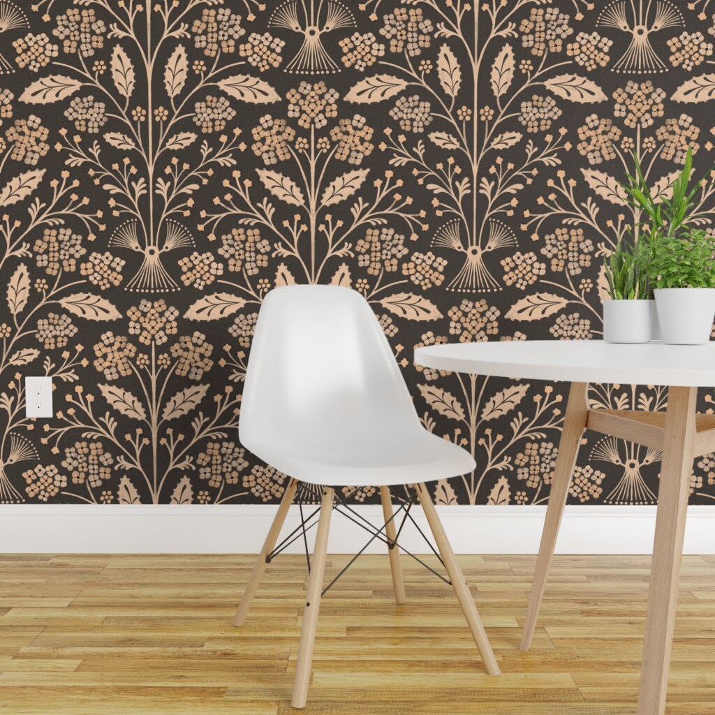 Non-Pasted Wallpaper 2FT Wide Dark Boho Floral Modern Beige Botanical ...