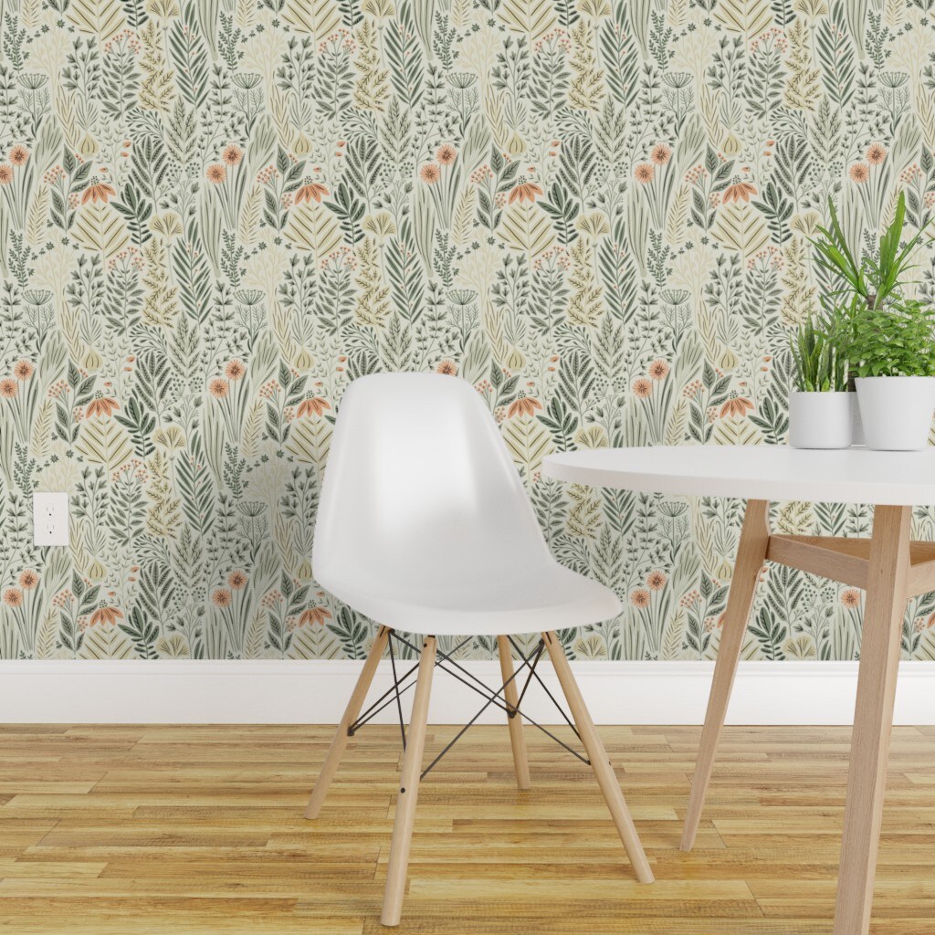 Pre-Pasted Wallpaper 2FT Wide Neutral Floral Green Beige Botanical ...