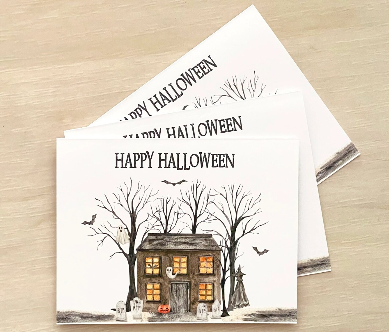 Sets of Watercolor Halloween Cards, Spooky Scary Mansion, Bats Ghosts ...