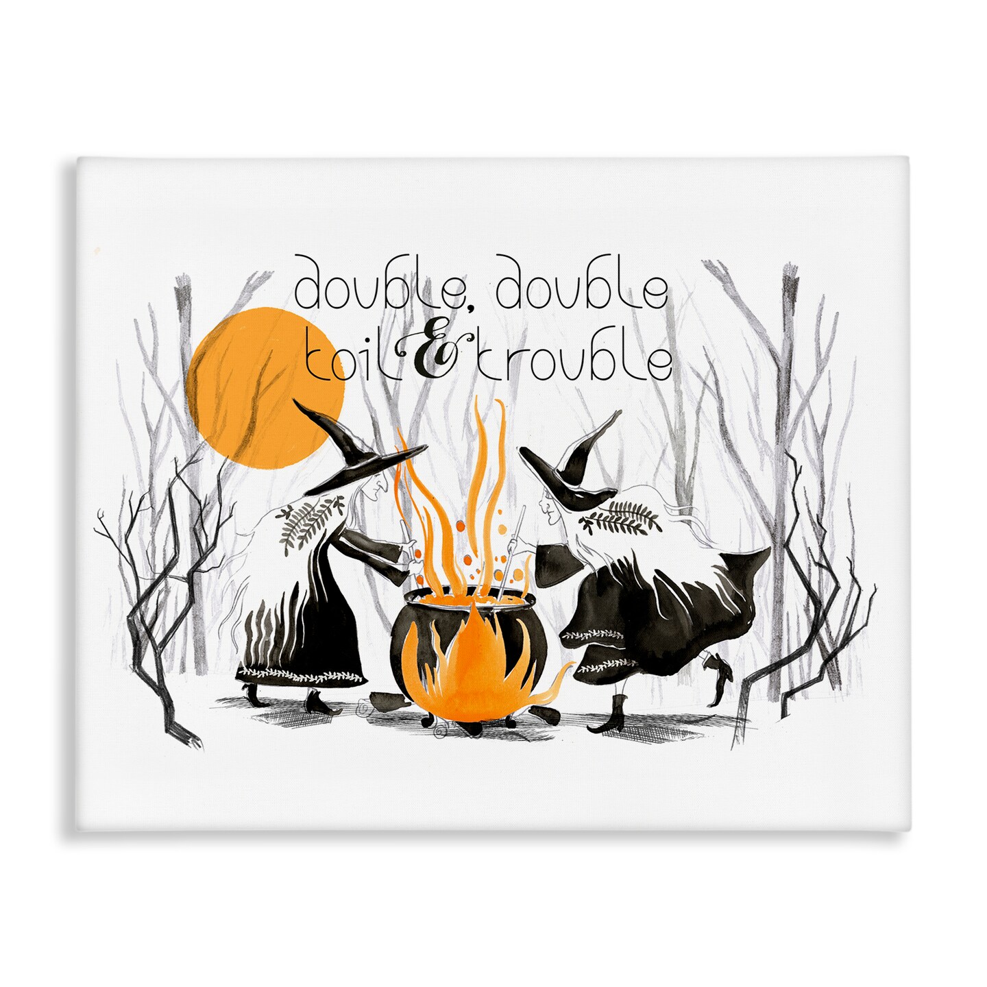Double Toil Trouble Witches & Cauldron Halloween Illustration Canvas ...