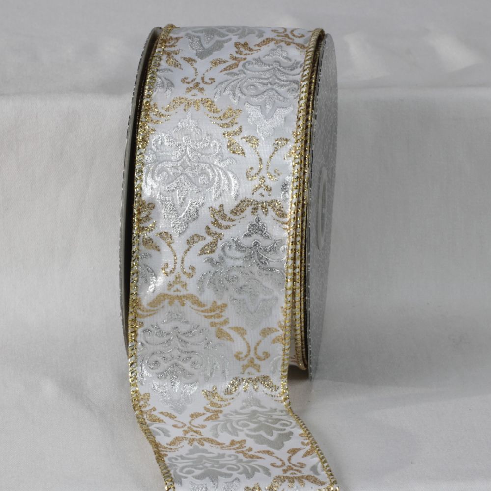 The Ribbon People White and Gold Colored Traditional Style Ribbon 2.5 ...