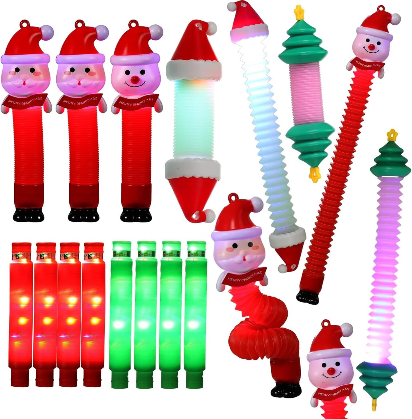 16 Pcs Christmas LED Light up Tubes Toys Sensory Fidget Stretch Tubes Santa Snowman Glow Tubes ...
