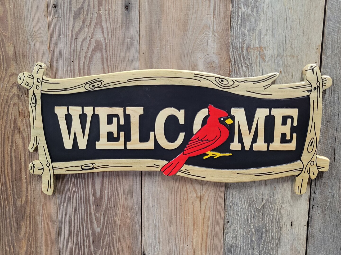 3D Welcome with a Red Cardinal Branch Shaped Hand Carved Wooden Sign ...