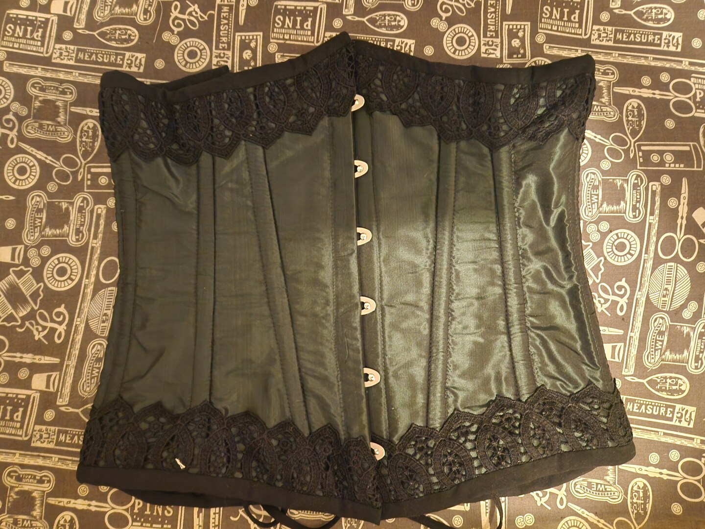 Deep Green Silk Taffeta Steel Boned Corset with Black Lace | MakerPlace ...