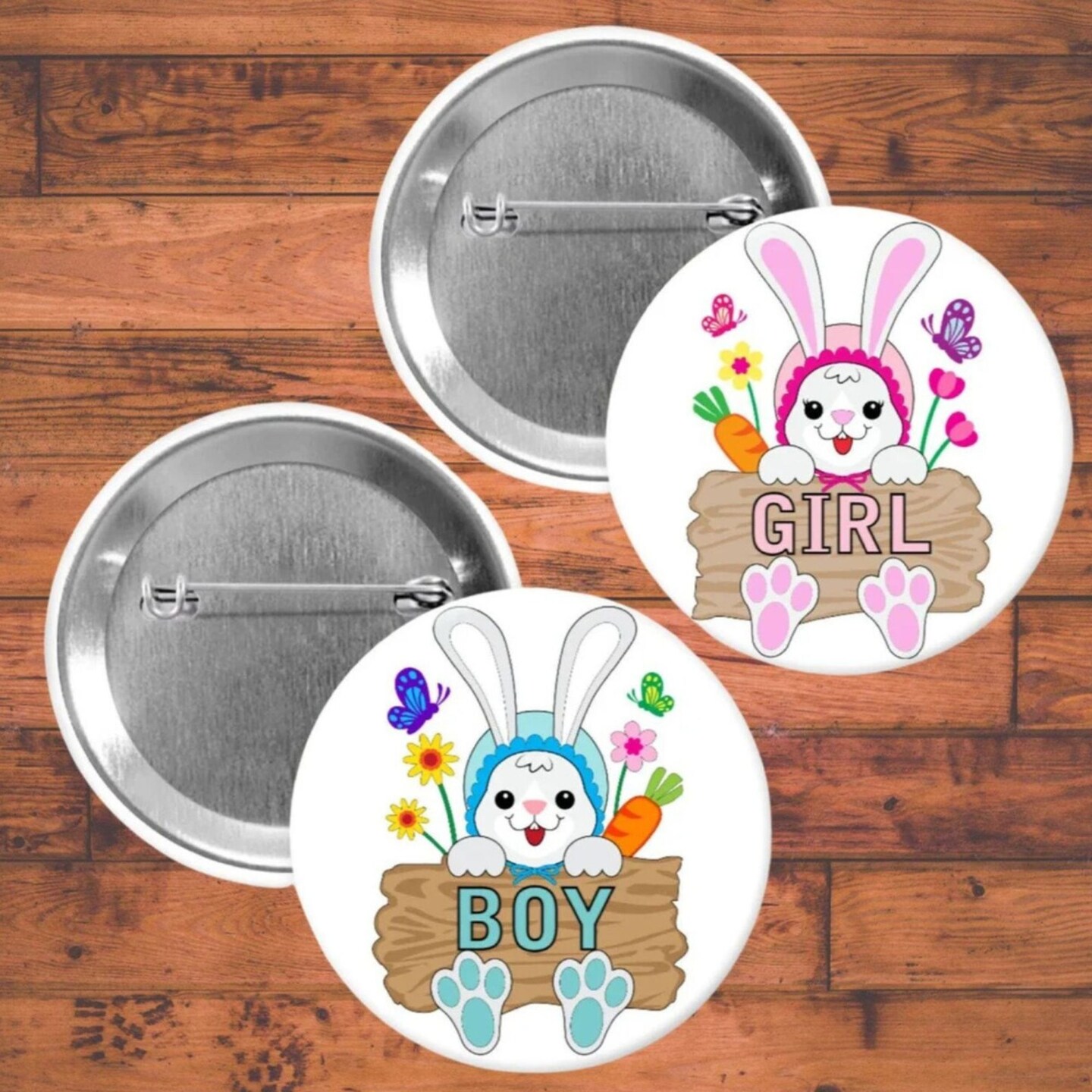 Easter Springtime Baby Bunny Gender Reveal Pin Back Buttons, Party Favors, Boy Girl, Baby Shower ...