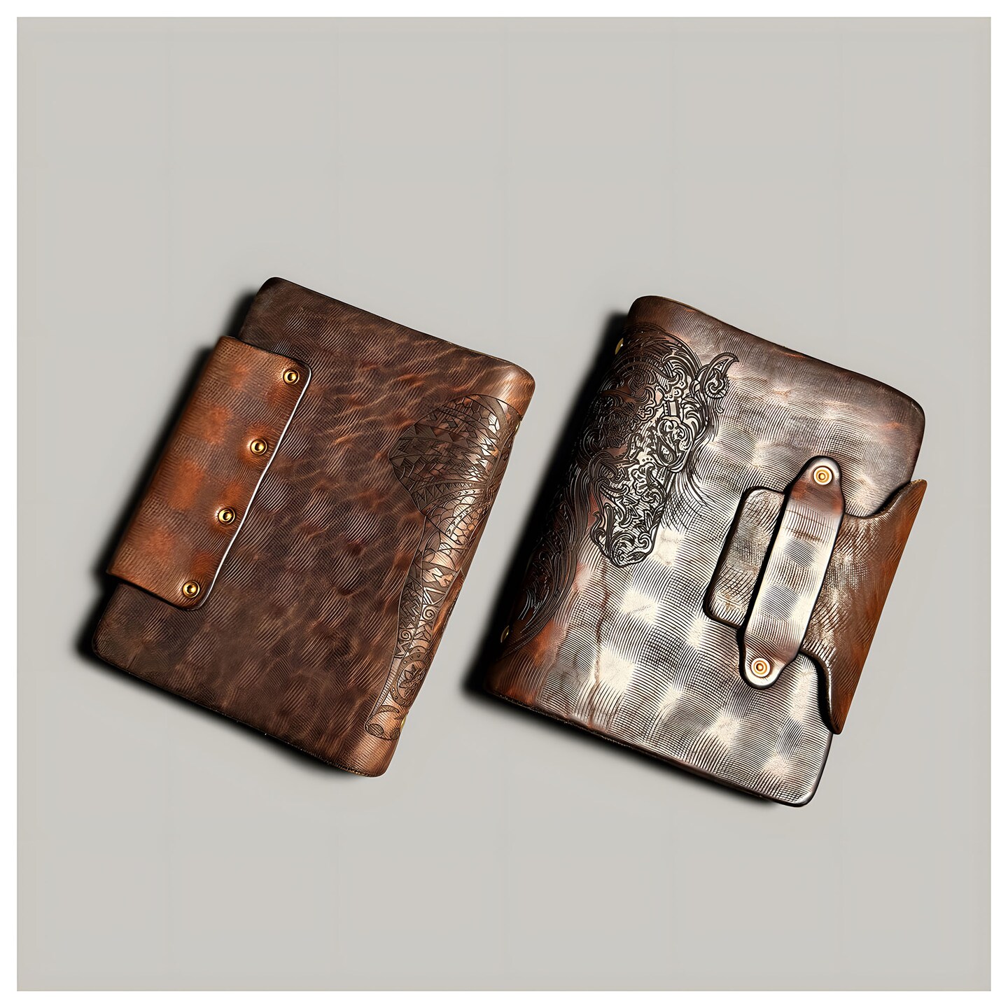 Pure cowhide punk vintage carved diary handbook niche handmade leather ...