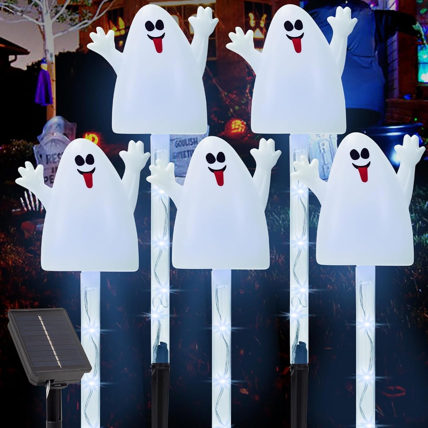 5 Pack Halloween Solar Lights,8 Modes Cold White Ghost Garden Stake ...