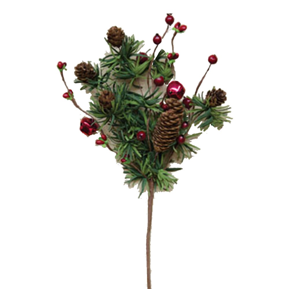 12”Long Red Metal Jingle Bell Pine Pick with Brown-Wrapped Wire Stem ...