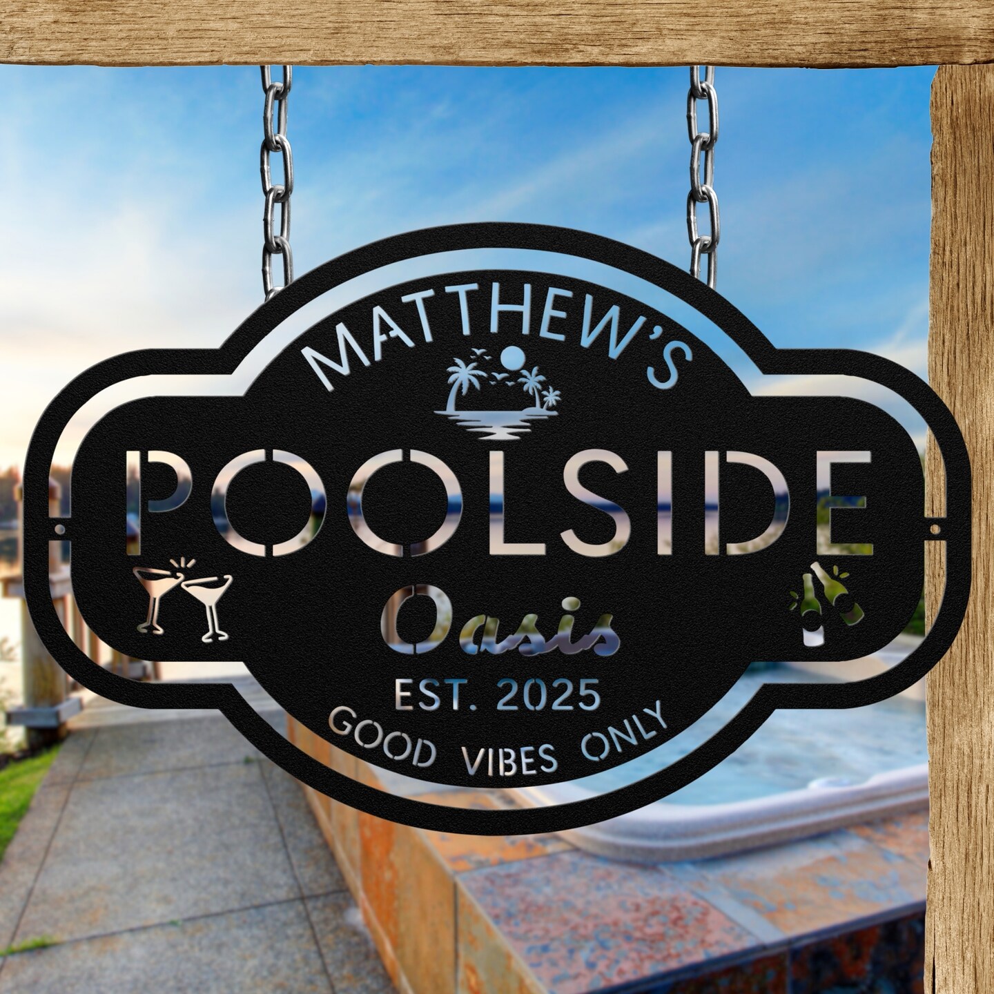Tropical Pool Metal Sign | Personalized Family Poolside Oasis Hanging Decor | Beach House Patio ...