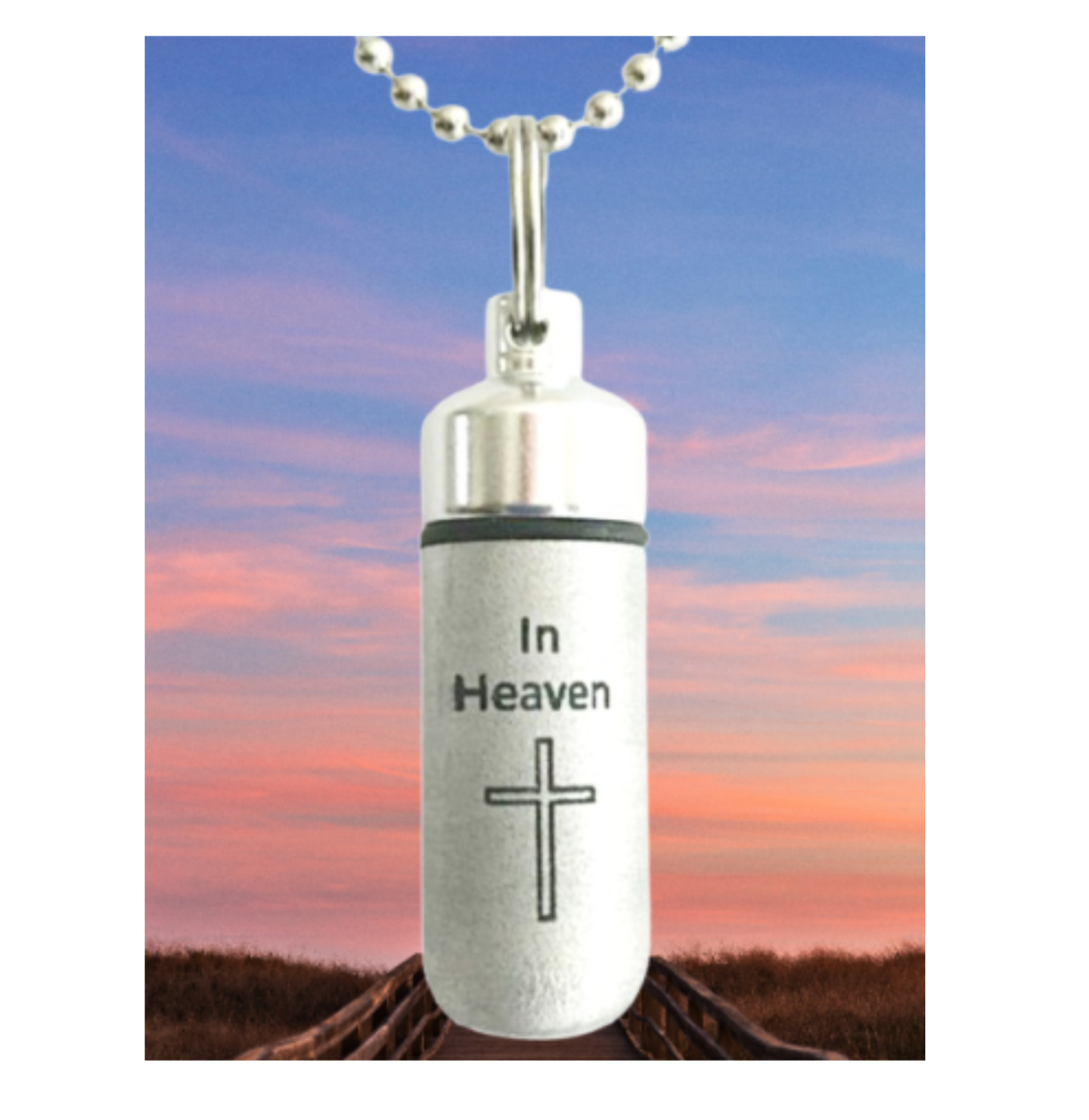 Engraved "IN HEAVEN" (with Outline Cross) CREMATION URN Necklace on 24 ...