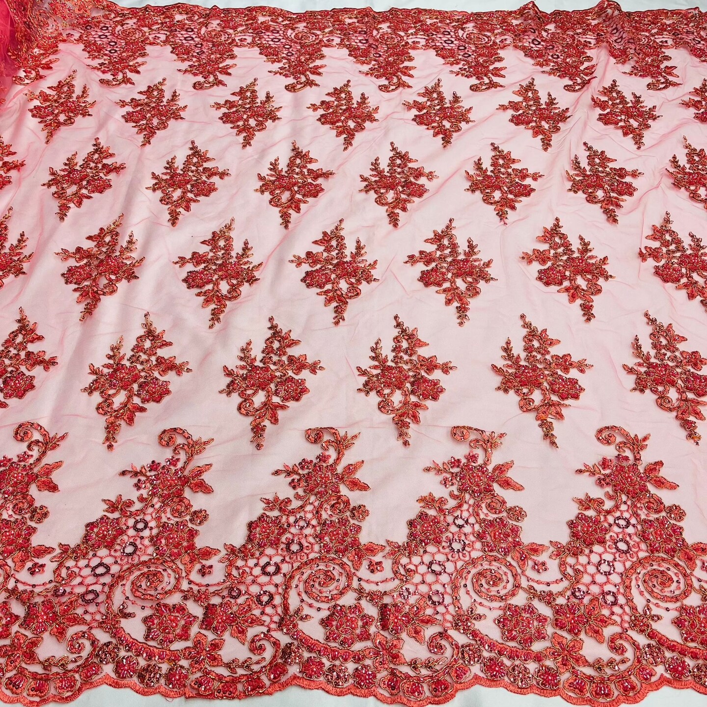 1 Yard Royal Blue Corded Lace Fabric with Hand-Embroidered Beading on ...