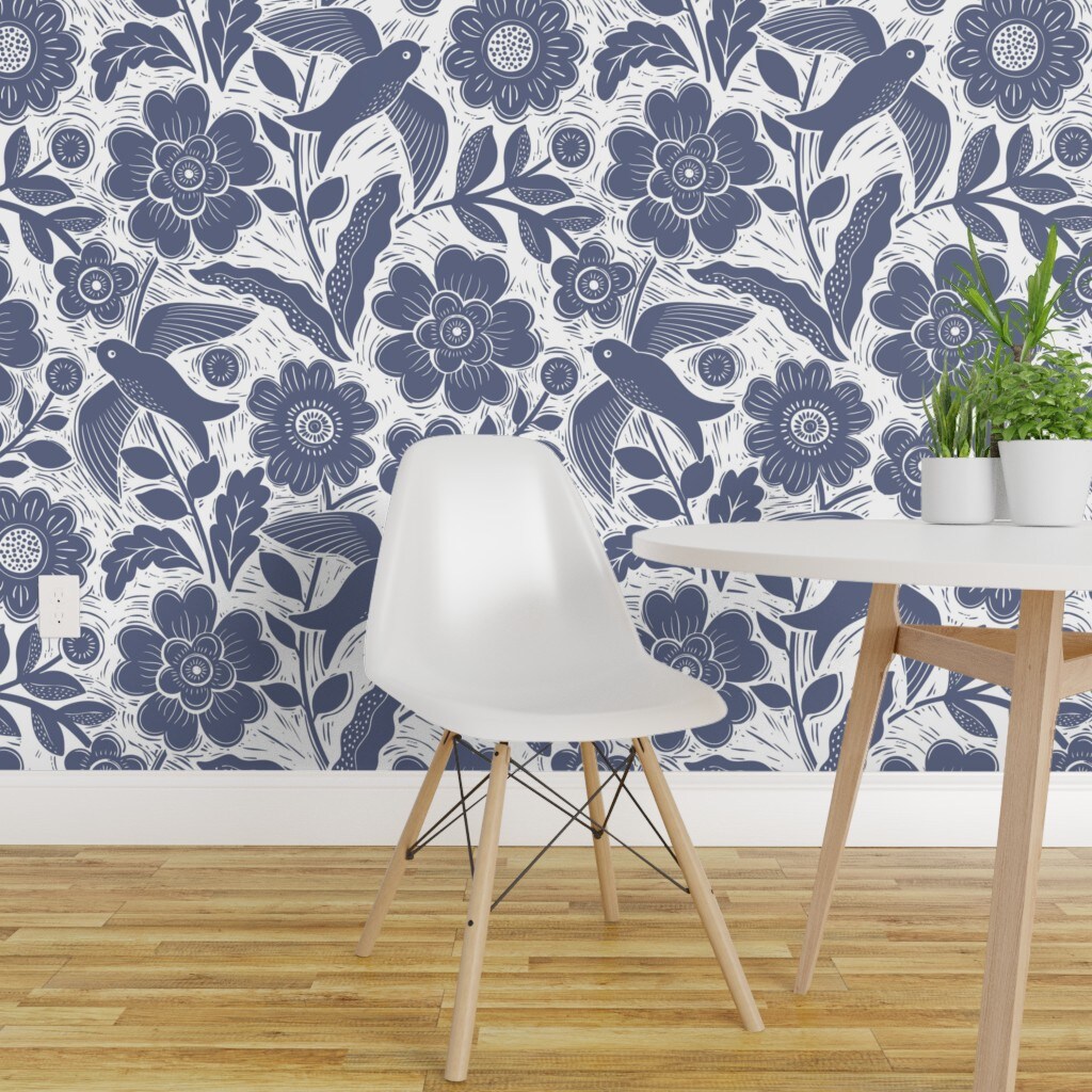 Pre-Pasted Wallpaper 2FT Wide Blue Floral Block Print Birds Hand Drawn ...