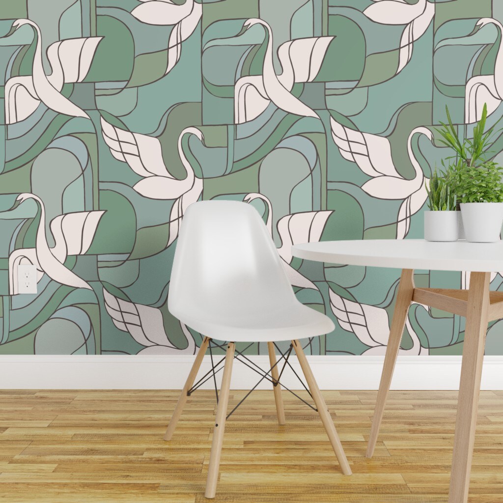 Pre-Pasted Wallpaper 2FT Wide Abstract Birds Art Nouveau Stained Glass ...