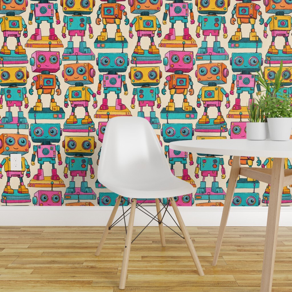 Pre-Pasted Wallpaper 2FT Wide Retro Vintage Toy Robot Kids Room ...