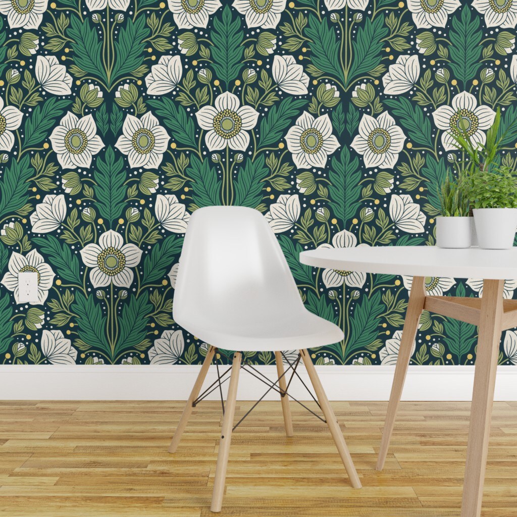 Pre-Pasted Wallpaper 2FT Wide Flowers Green Blue Botanical Cottagecore ...