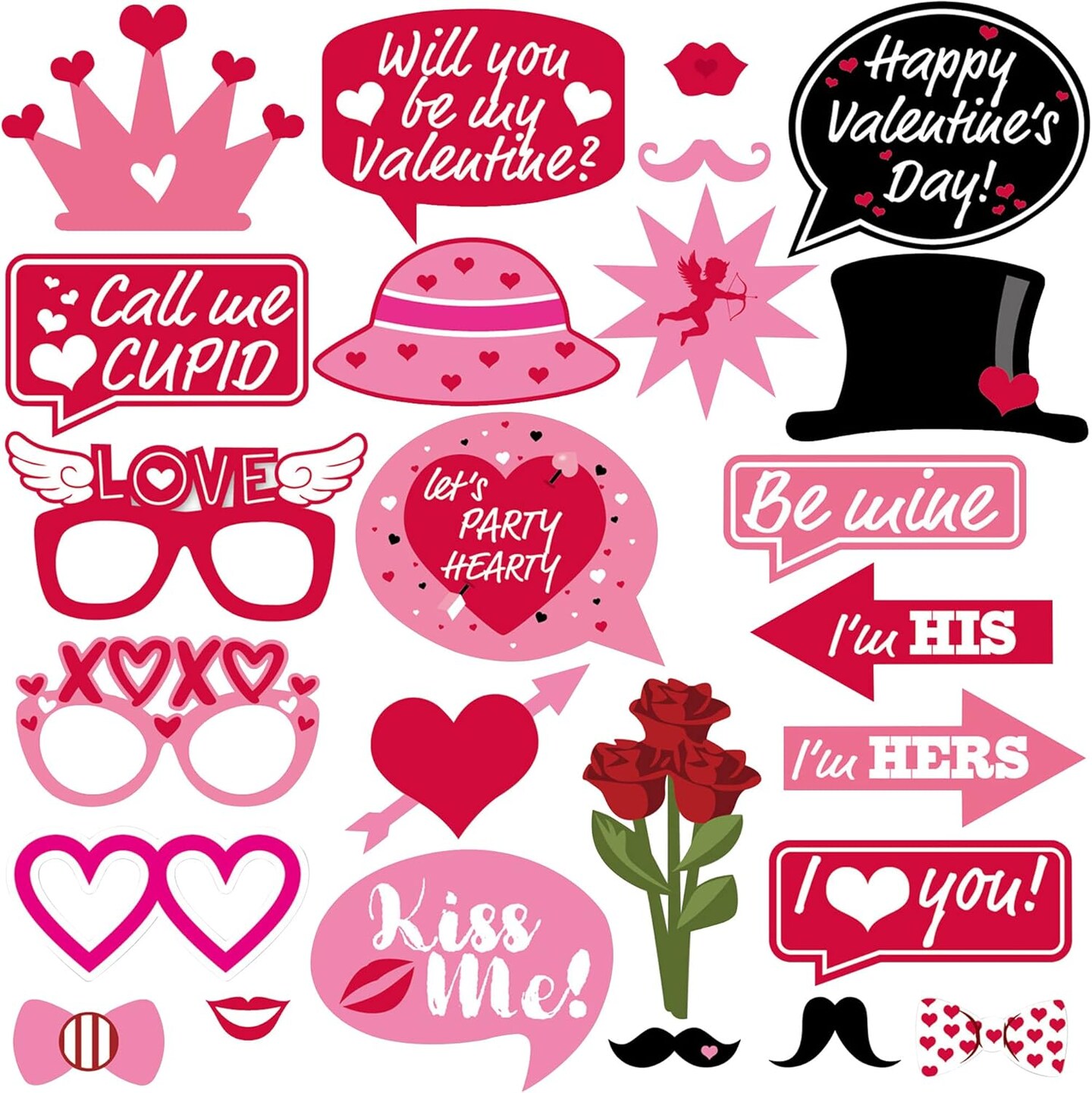 Valentine’s Day Photo Booth Props, 25 Pieces Pink Romantic Valentines ...