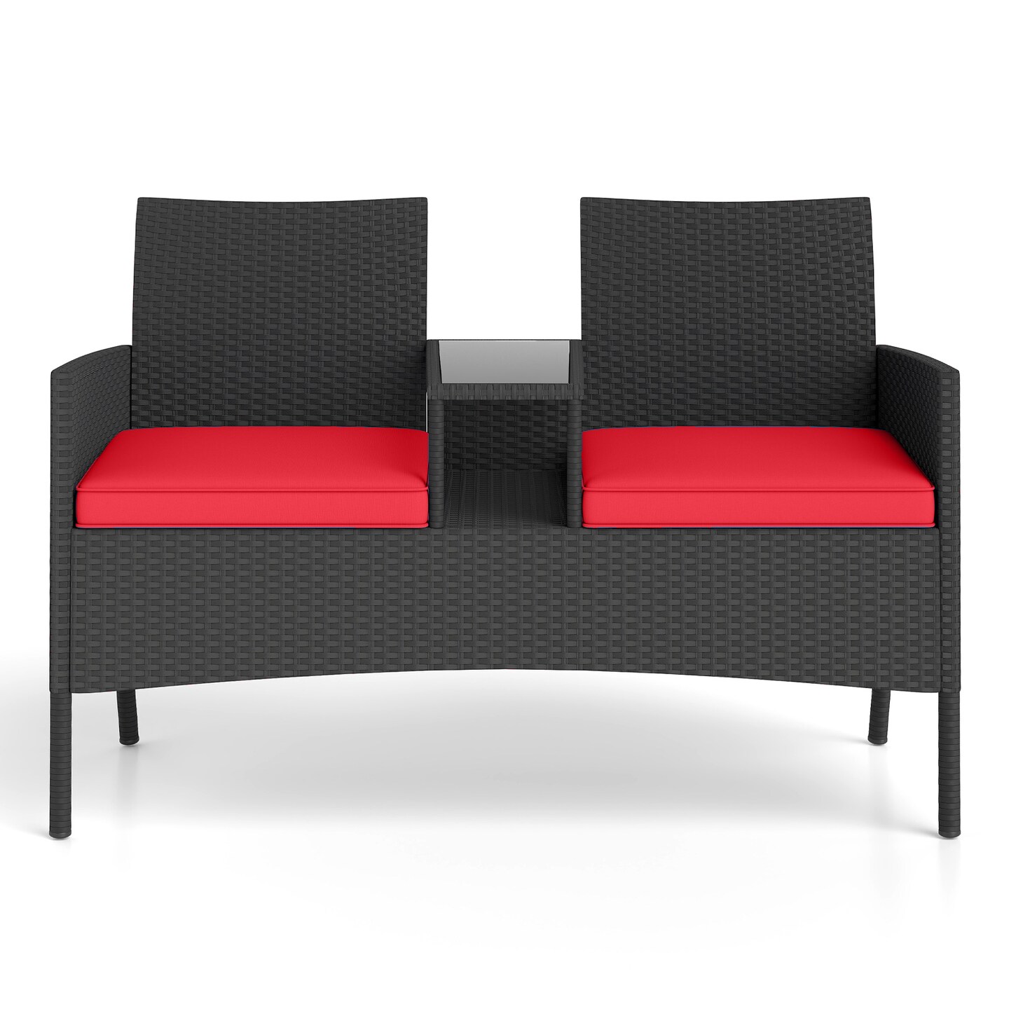 Black PE Rattan Loveseat with Cushions, Built-In Coffee Table and 2 ...