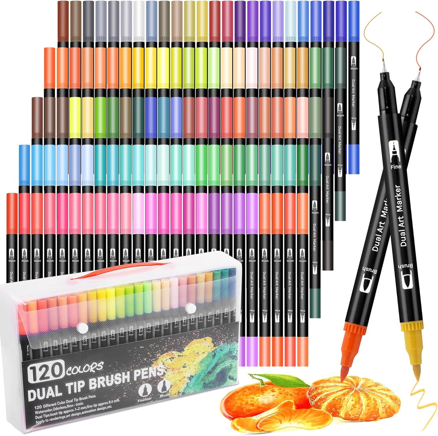 Art Markers Pens Brush Tip – 120 Color Dual Brush Pen & Fine Tip Marker ...